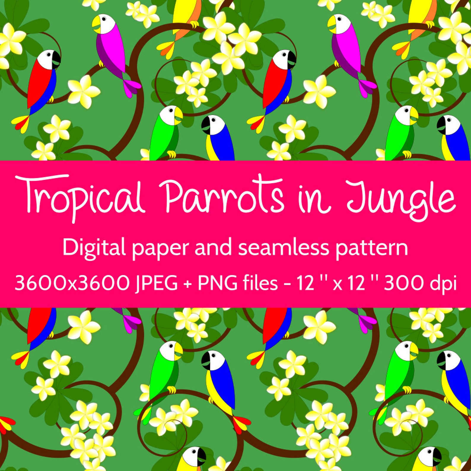 Tropical Parrots in Jungle Digital Paper Tropical Seamless | Etsy