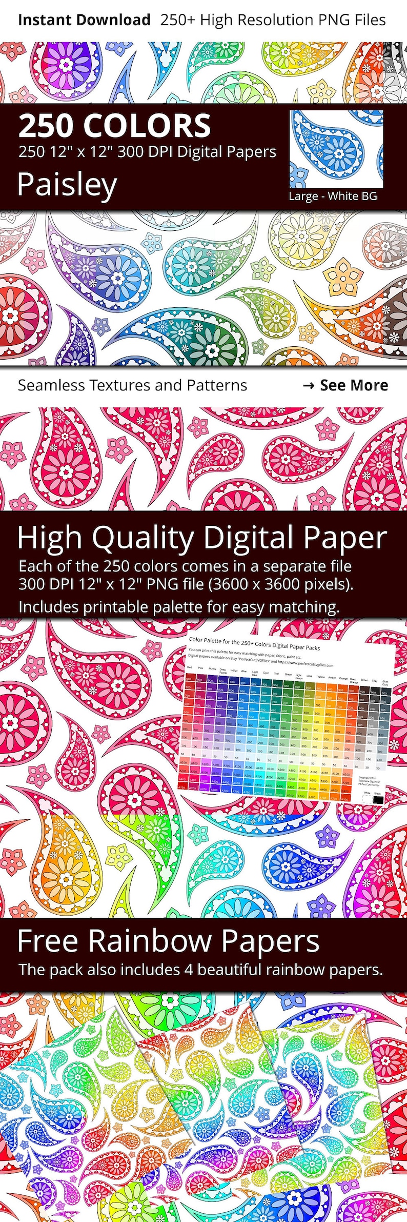 Floral Paisley Digital Paper Pack, 250 Colors Flower Digital Paper ...