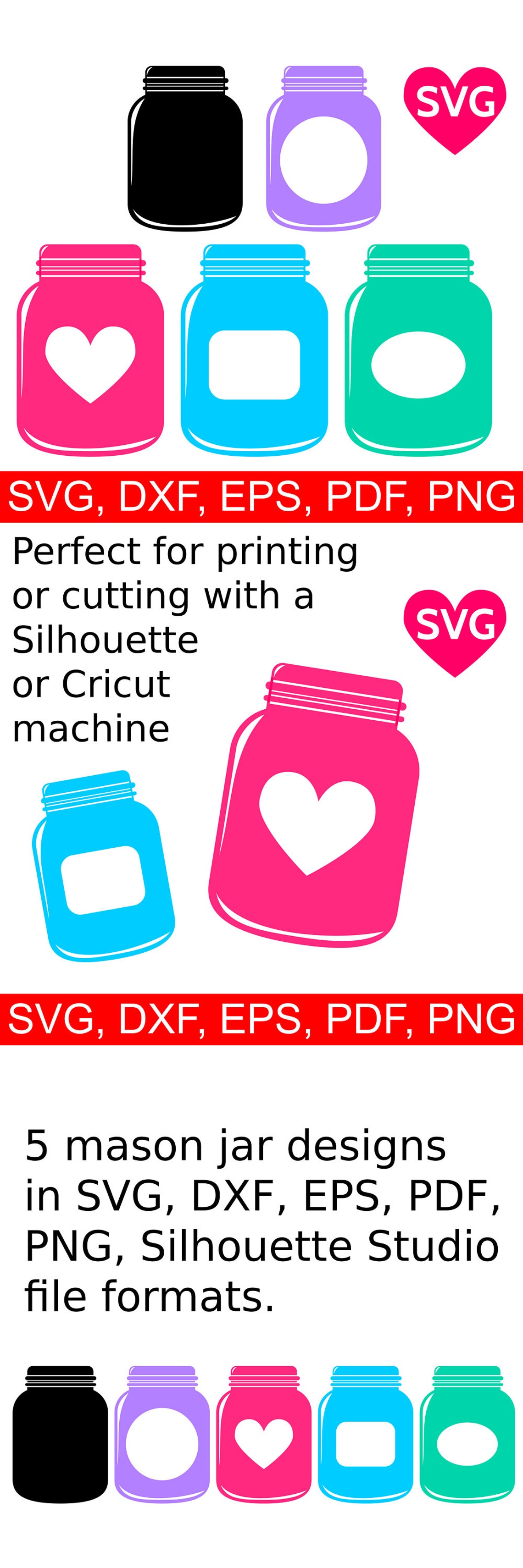 5 Mason Jars SVG Files Mason Jar SVG With Labels and Monogram - Etsy