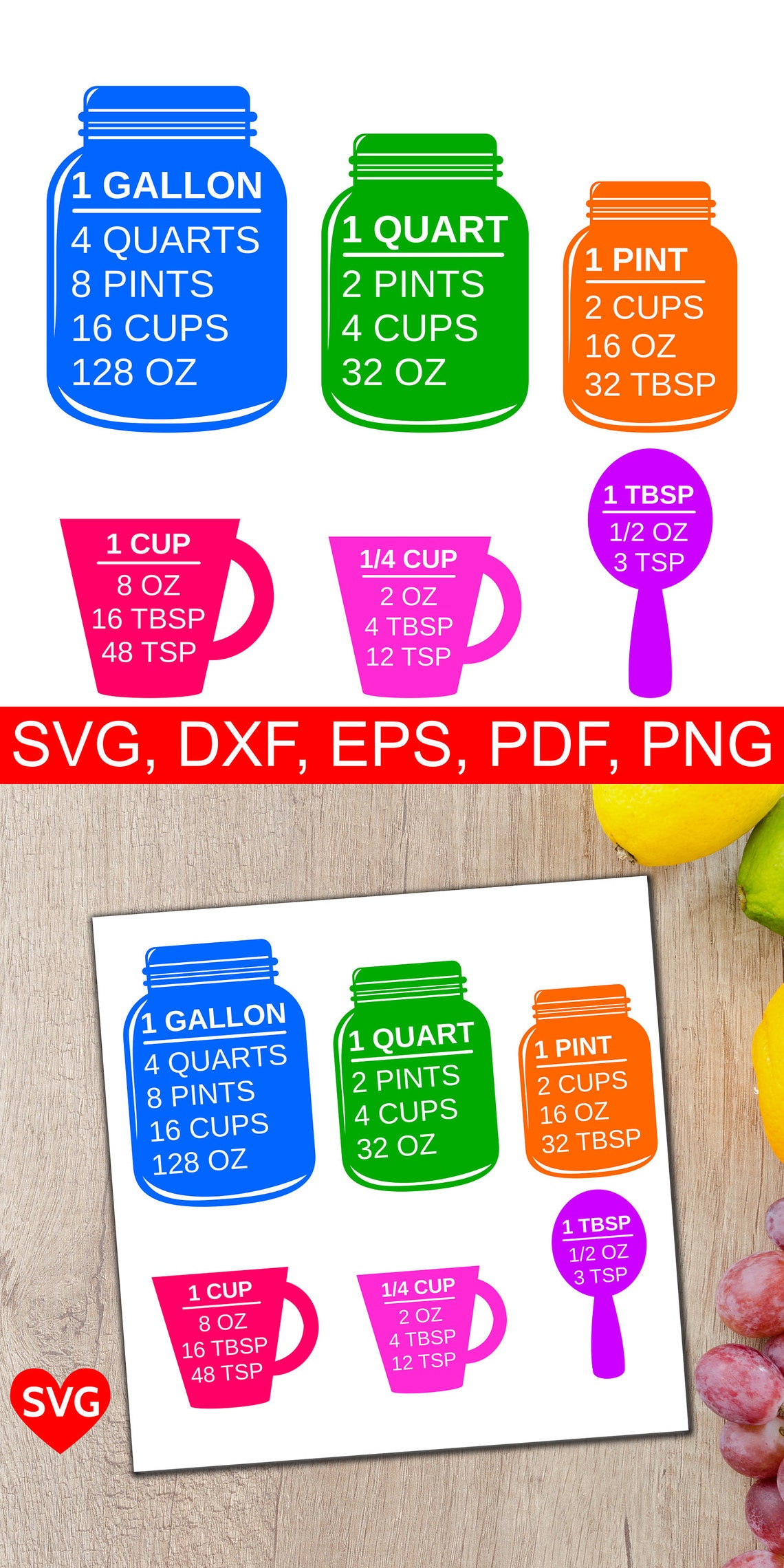 Colorful Measuring Cups SVG and Printable Kitchen Conversion Chart ...