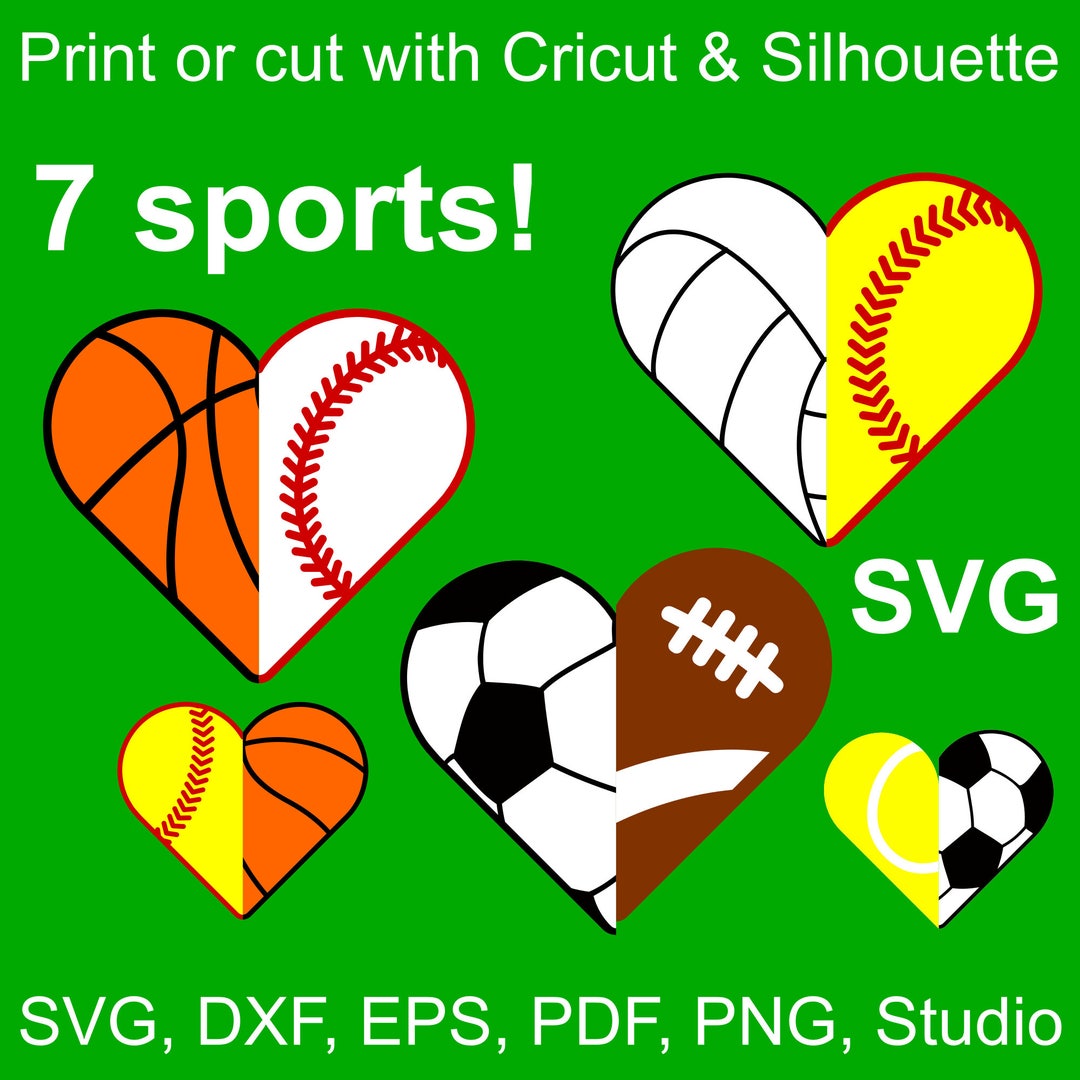 7 Sports Half Hearts SVG Files for Cricut & Silhouette, 14 Heart Halves ...
