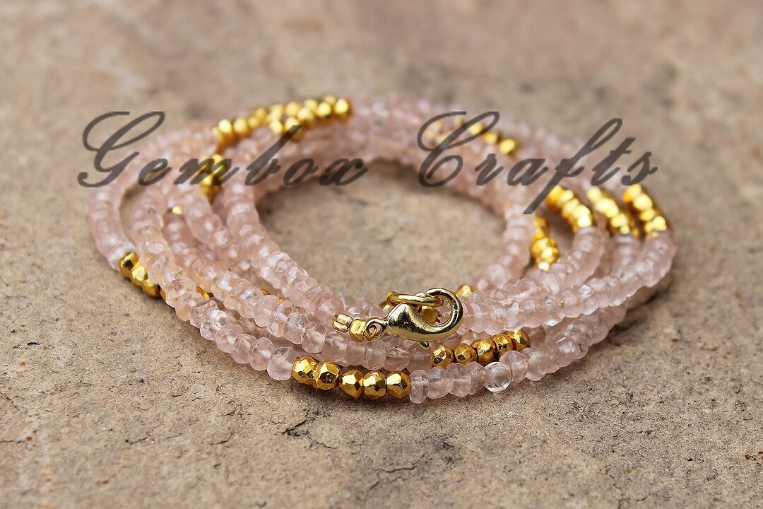 Beautiful Rose Quartz & Golden Pyrite 3-4mm Roundel Faceted Beaded Gold ...