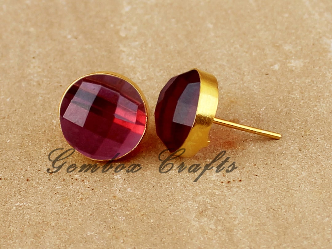 Ruby Hydro Quartz Round Checker Cut 925 Sterling Silver Gold Plated ...