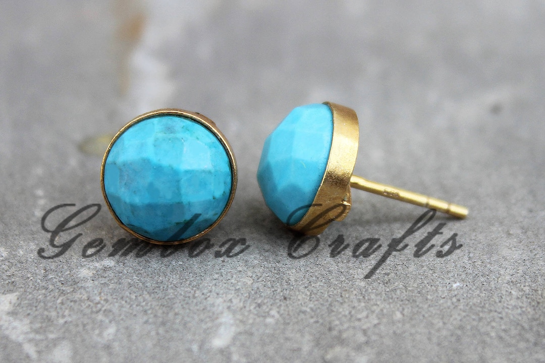 Stabilized Blue Turquoise Round Checker Cut 925 Sterling Silver Gold ...
