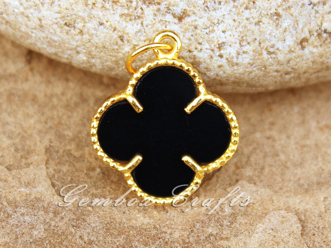 Natural Black Onyx Clover Pendant, 14K Golden Black Clover Pendant ...