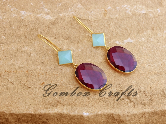 Aqua Quartz 10mm Pyramid & Ruby Quartz 18x25mm Oval Briolette | Etsy