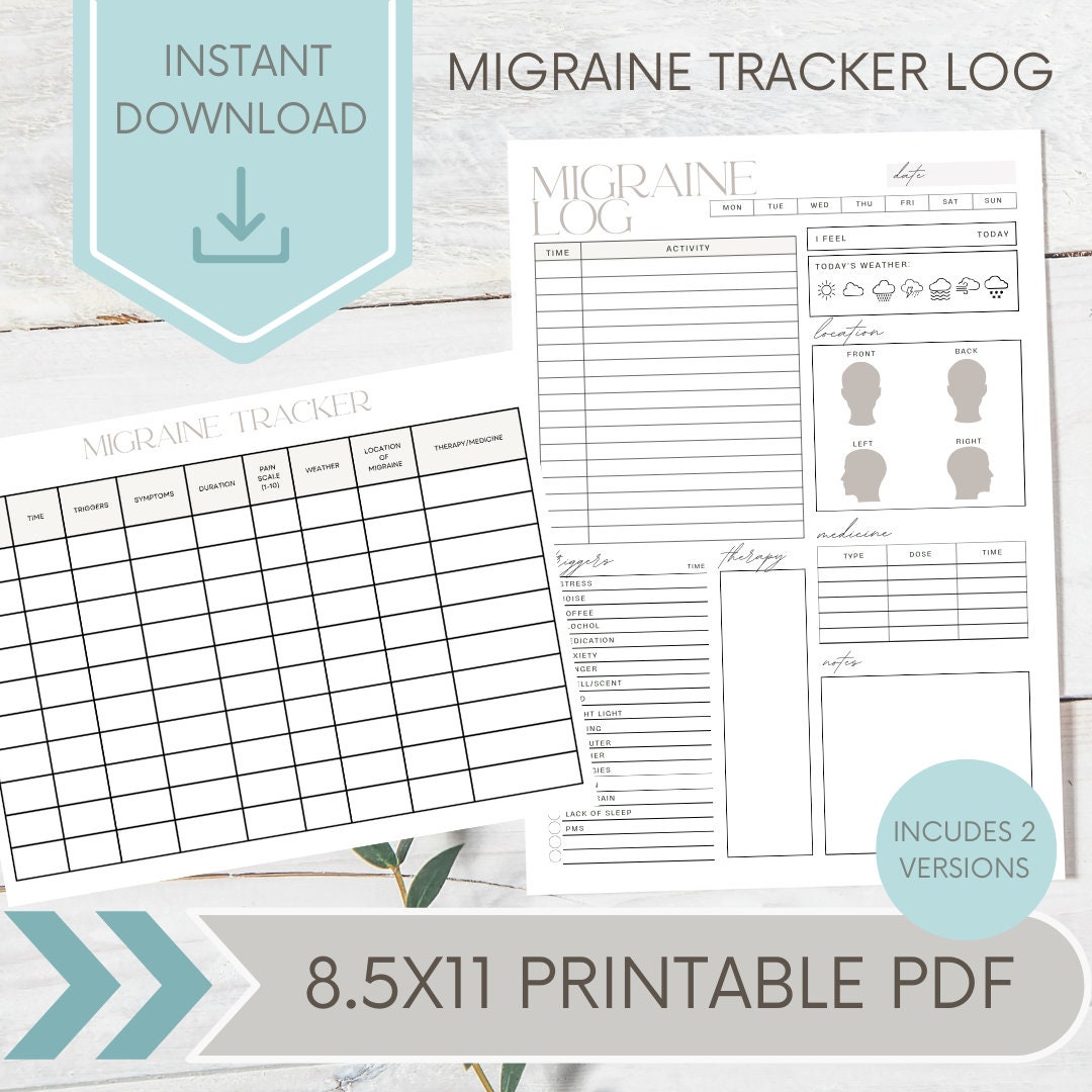 Migraine Tracker Printable Migraine Journal Headache Log Chronic Pain ...