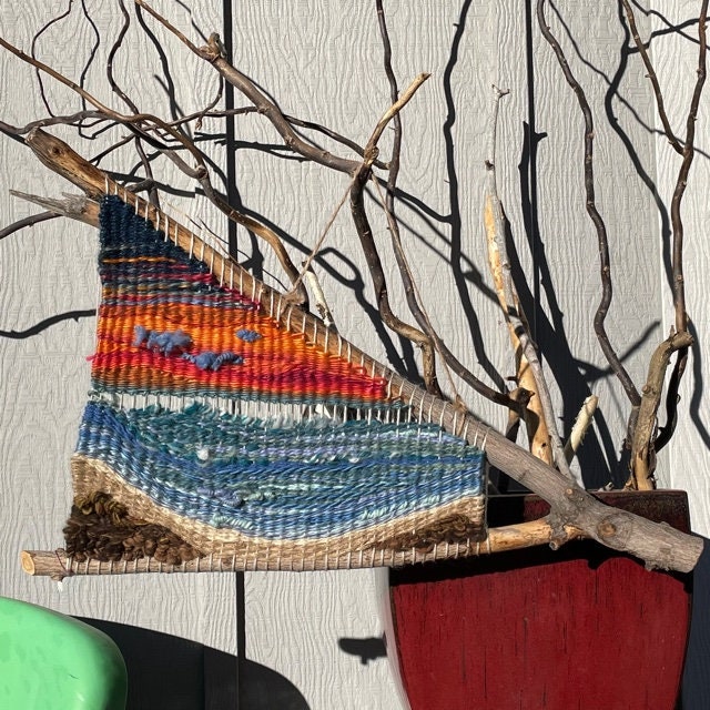 Branch Weaving, Sunset Wall Hanging, Fiber Art, Woven Wall Art, Ocean ...