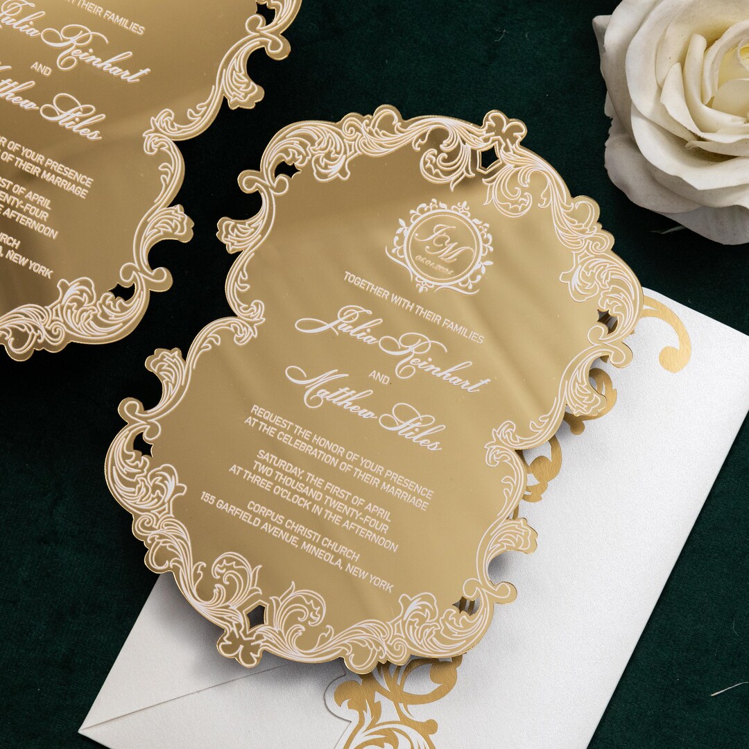 Elegant Mirror Acrylic Wedding Invitations Fancy Shape With Chic White ...