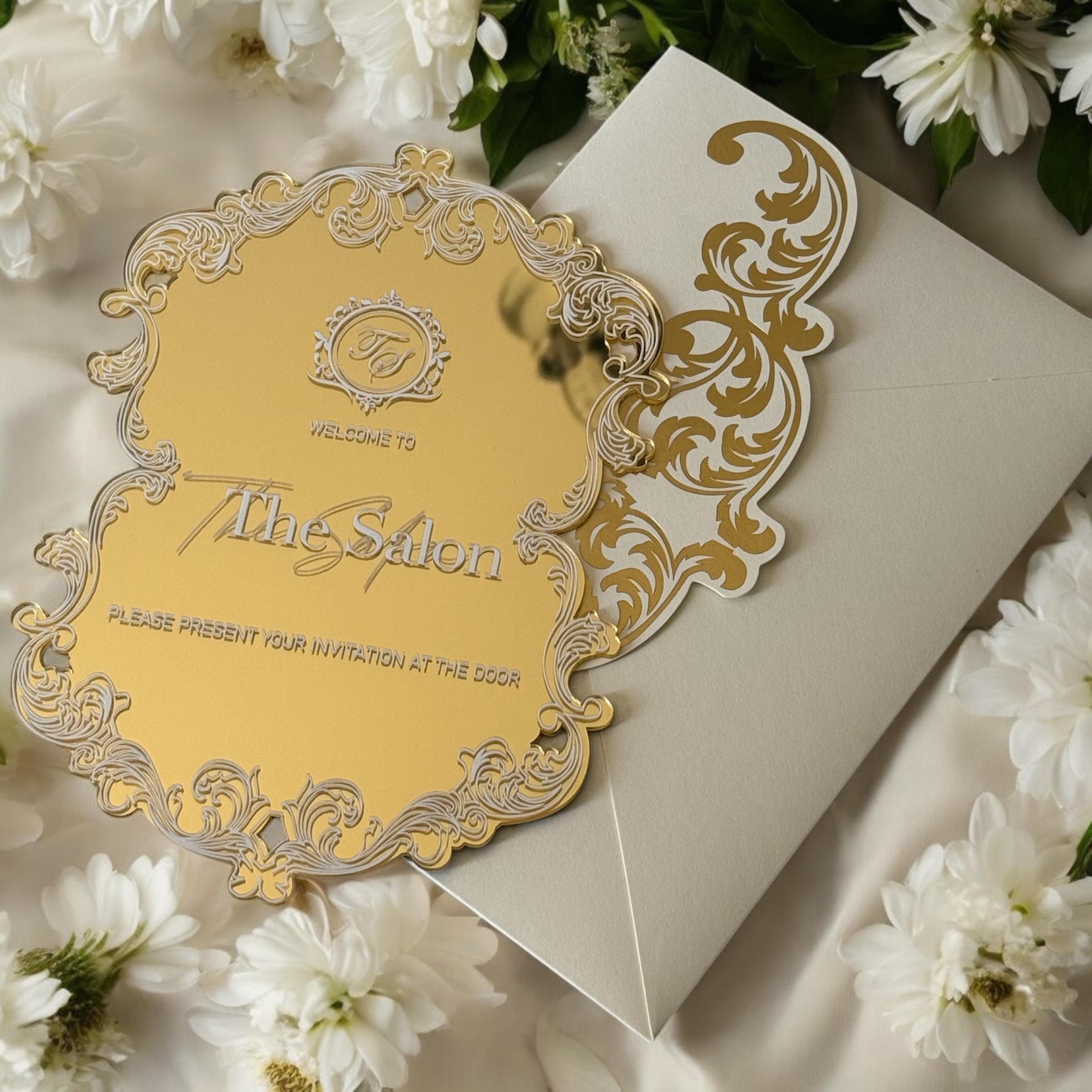 Mirror Acrylic Invitations – Fancy Shape With White Pattern | Gold ...