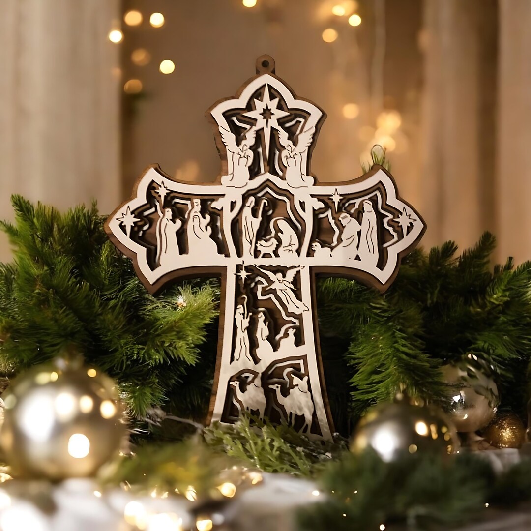 Handcrafted 4-layer Nativity Scene Cross | Natural Walnut Christmas ...