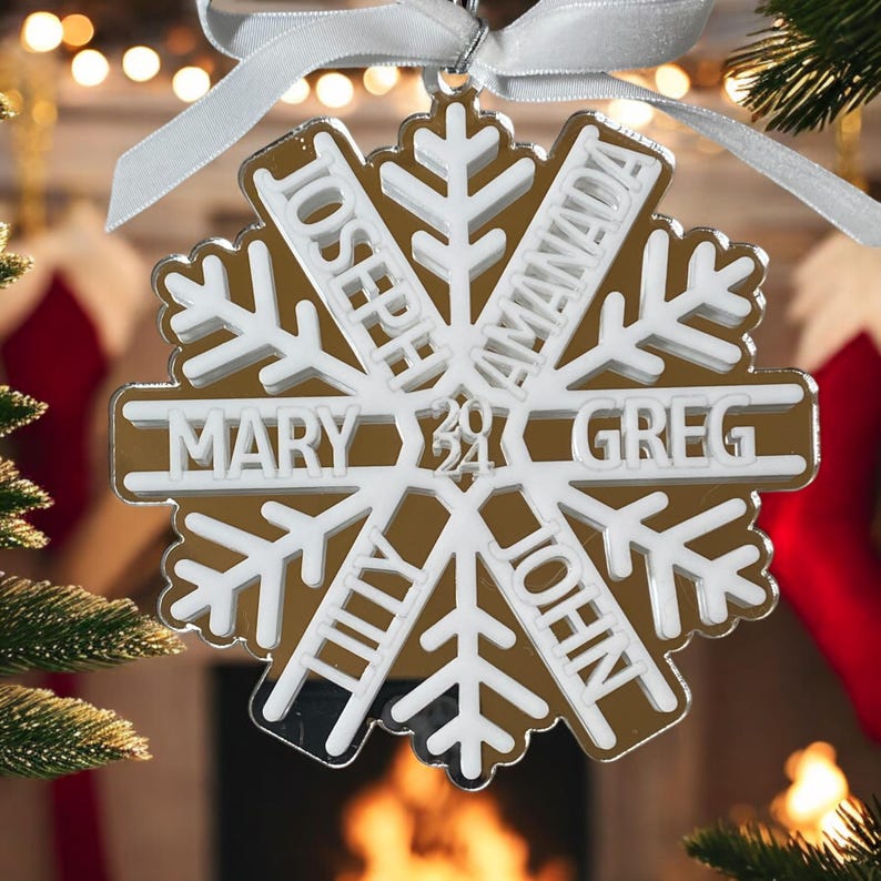 Personalized Family Names Snowflake Ornament: Silver Acrylic Christmas ...