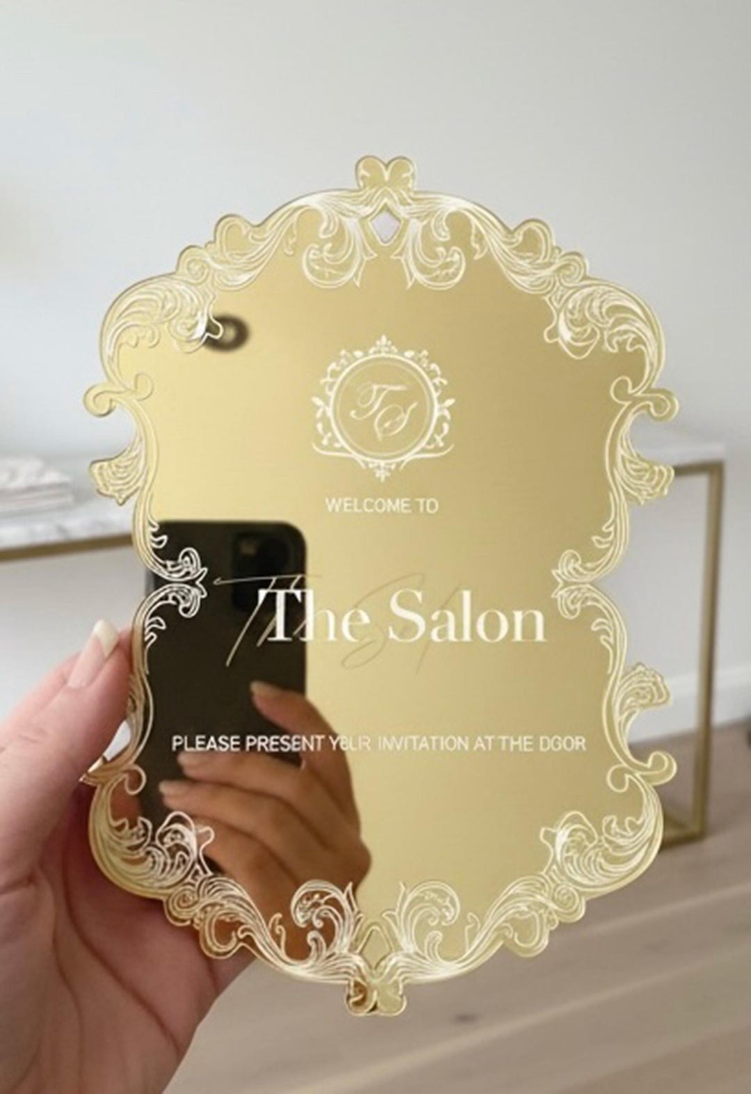 Mirror Acrylic Invitations – Fancy Shape With White Pattern | Gold ...
