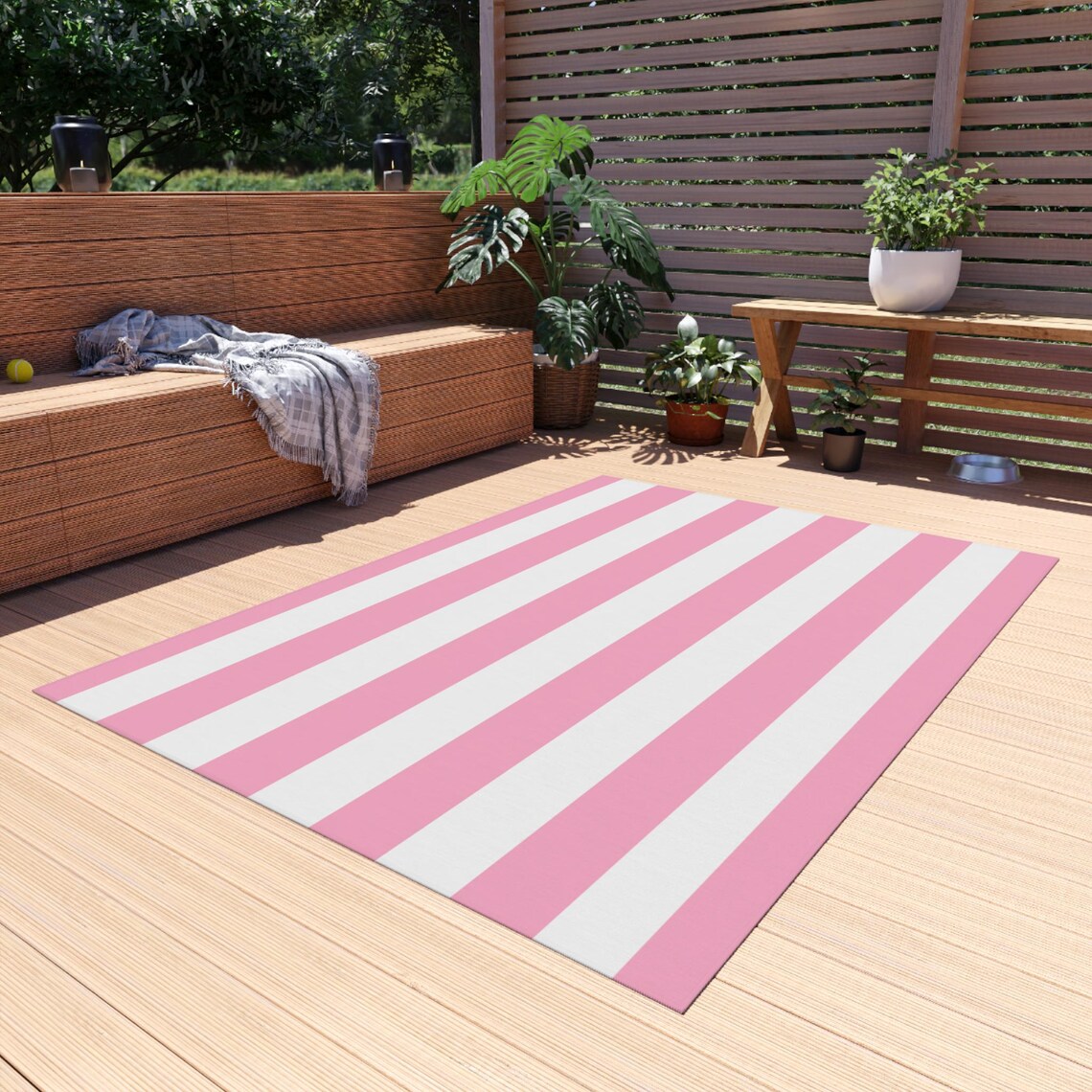 Pink Striped Outdoor Rug, Patio Garden Decor, Polyester Chenille - Etsy