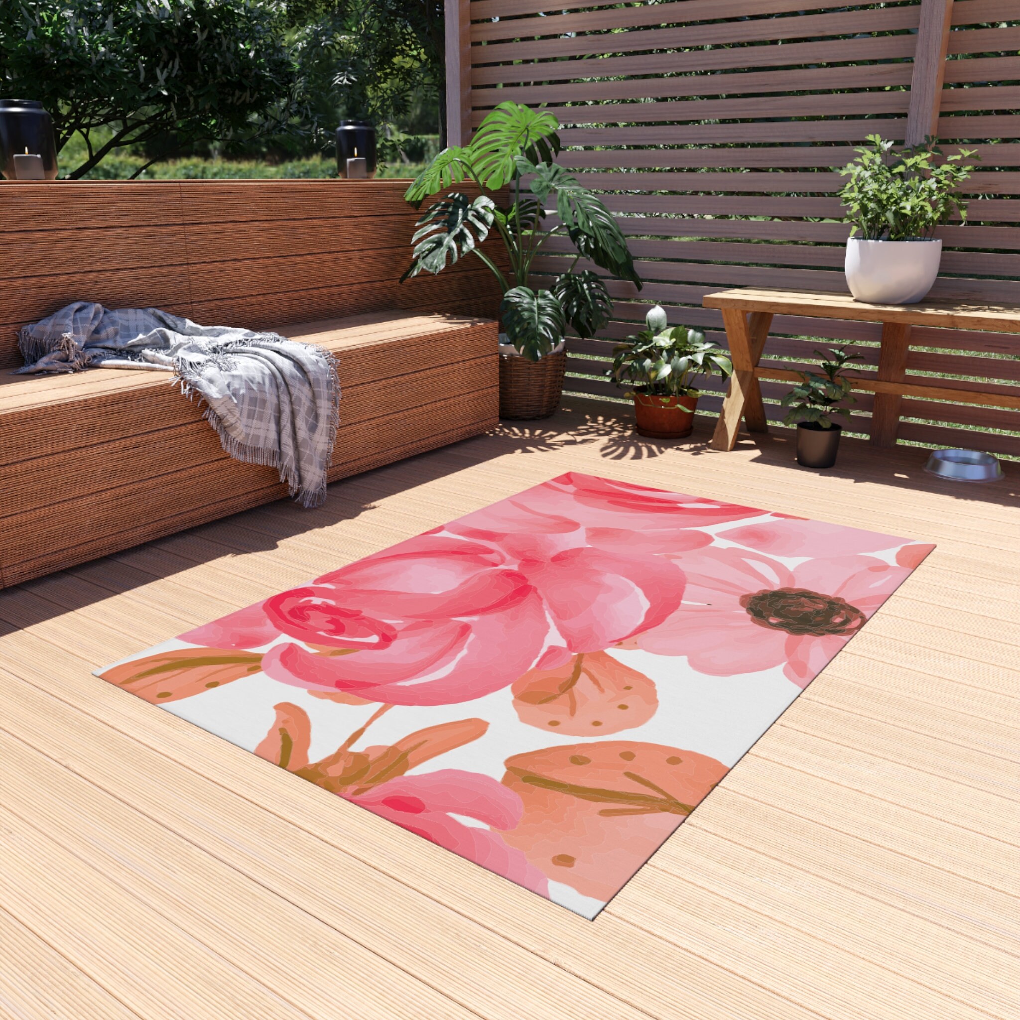 Floral: Rug Outdoor Decor Vintage Garden Inspired Pink Roses on White ...