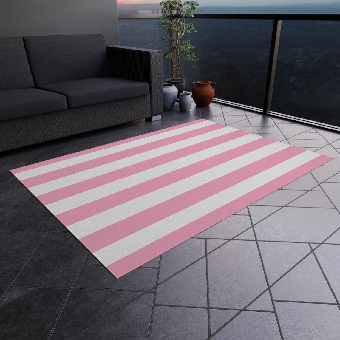 Stylish Pink Striped Outdoor Rug for Patios, Garden, Porch Decor ...