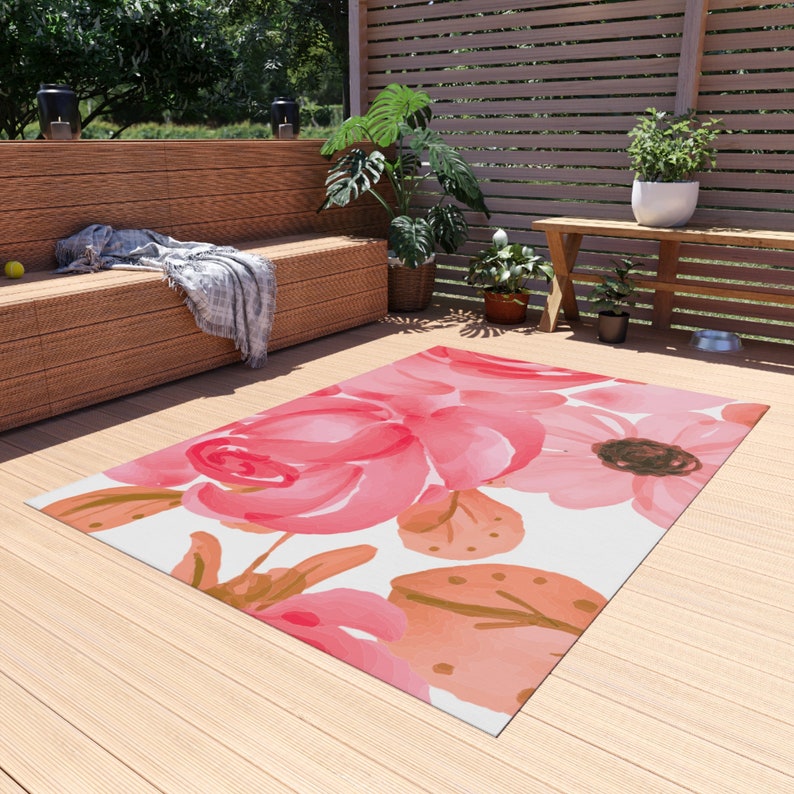 Floral: Rug Outdoor Decor Vintage Garden Inspired Pink Roses on White ...