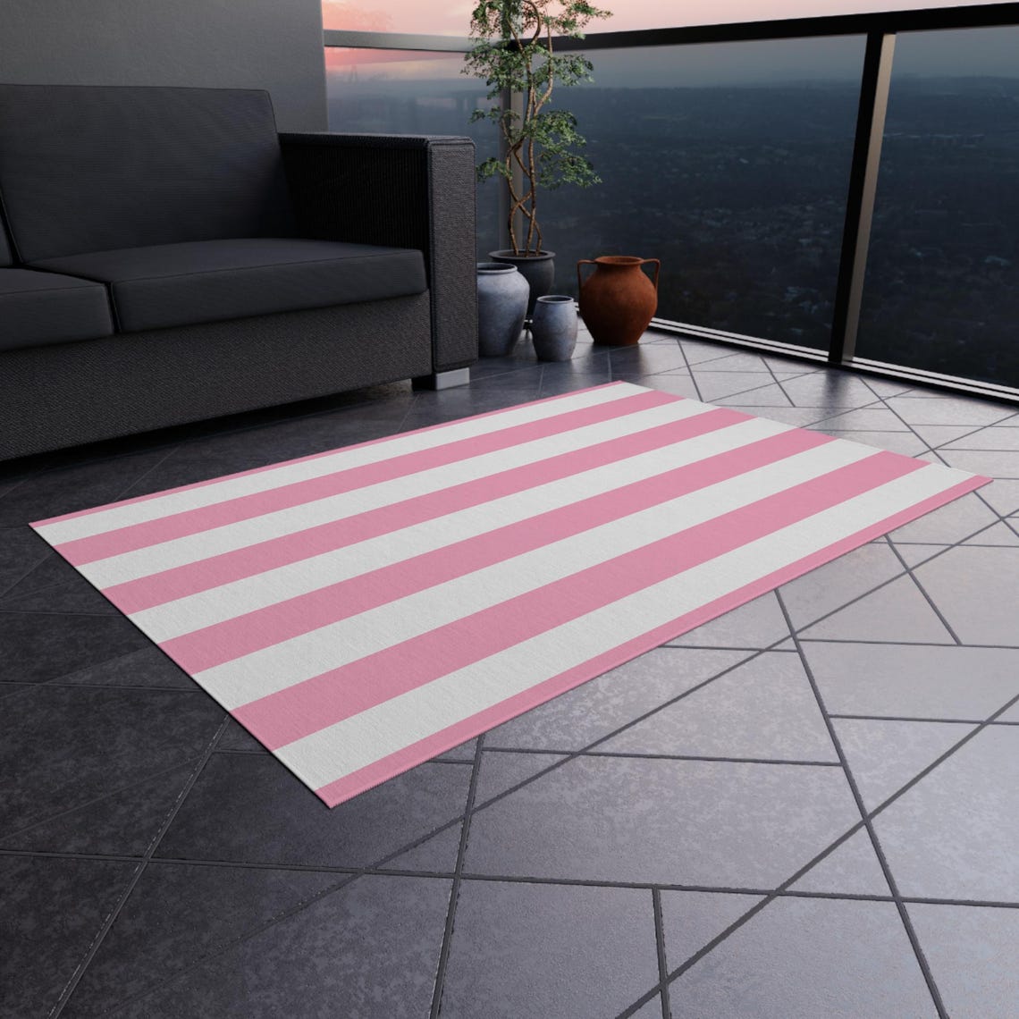 Stylish Pink Striped Outdoor Rug for Patios, Garden, Porch Decor ...