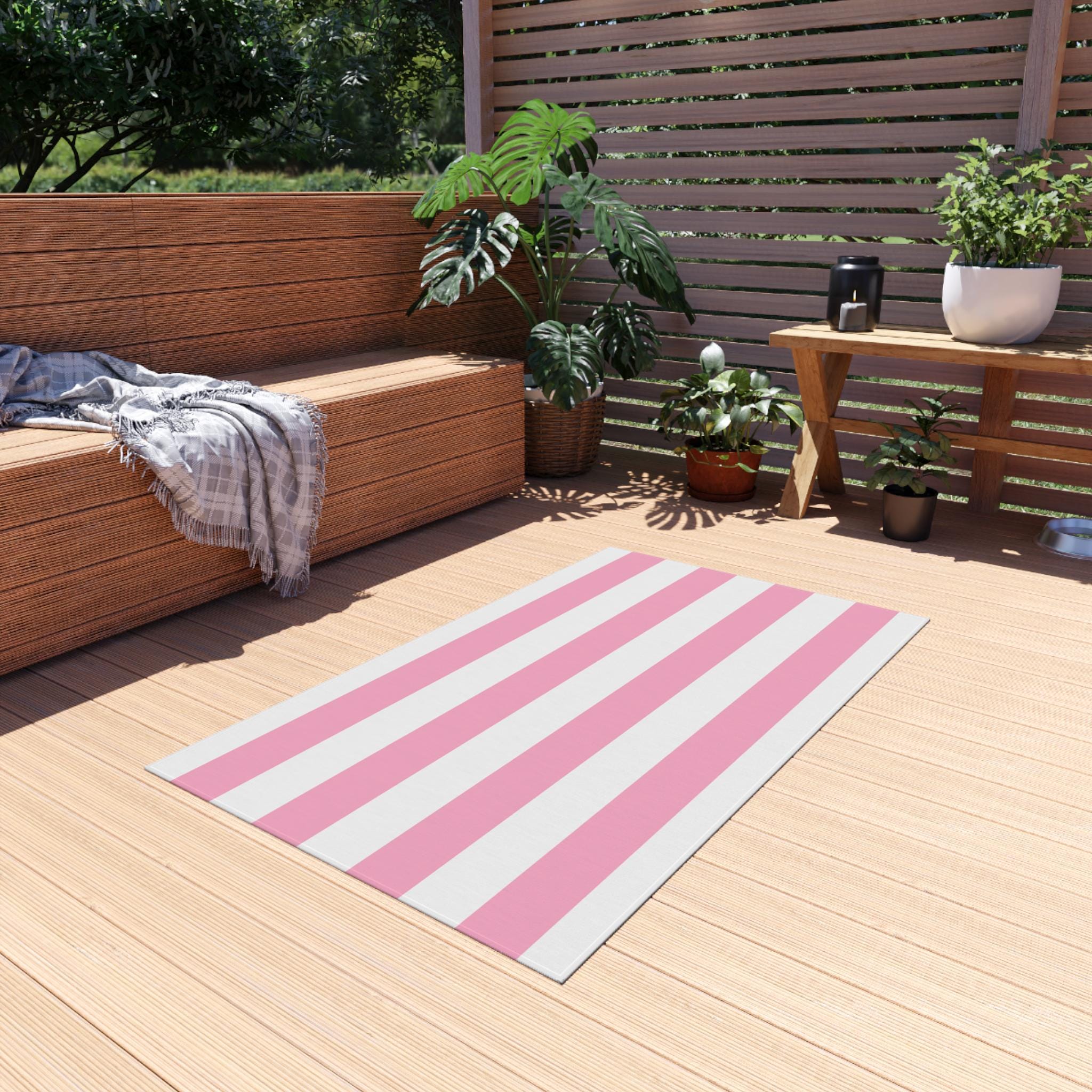 Pink Striped Outdoor Rug, Patio Garden Decor, Polyester Chenille - Etsy