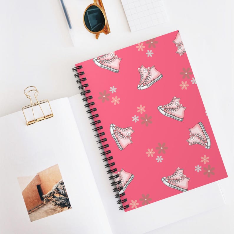 Pink Sneakers and Retro Flowers Spiral Notebook - Ruled Line - Etsy