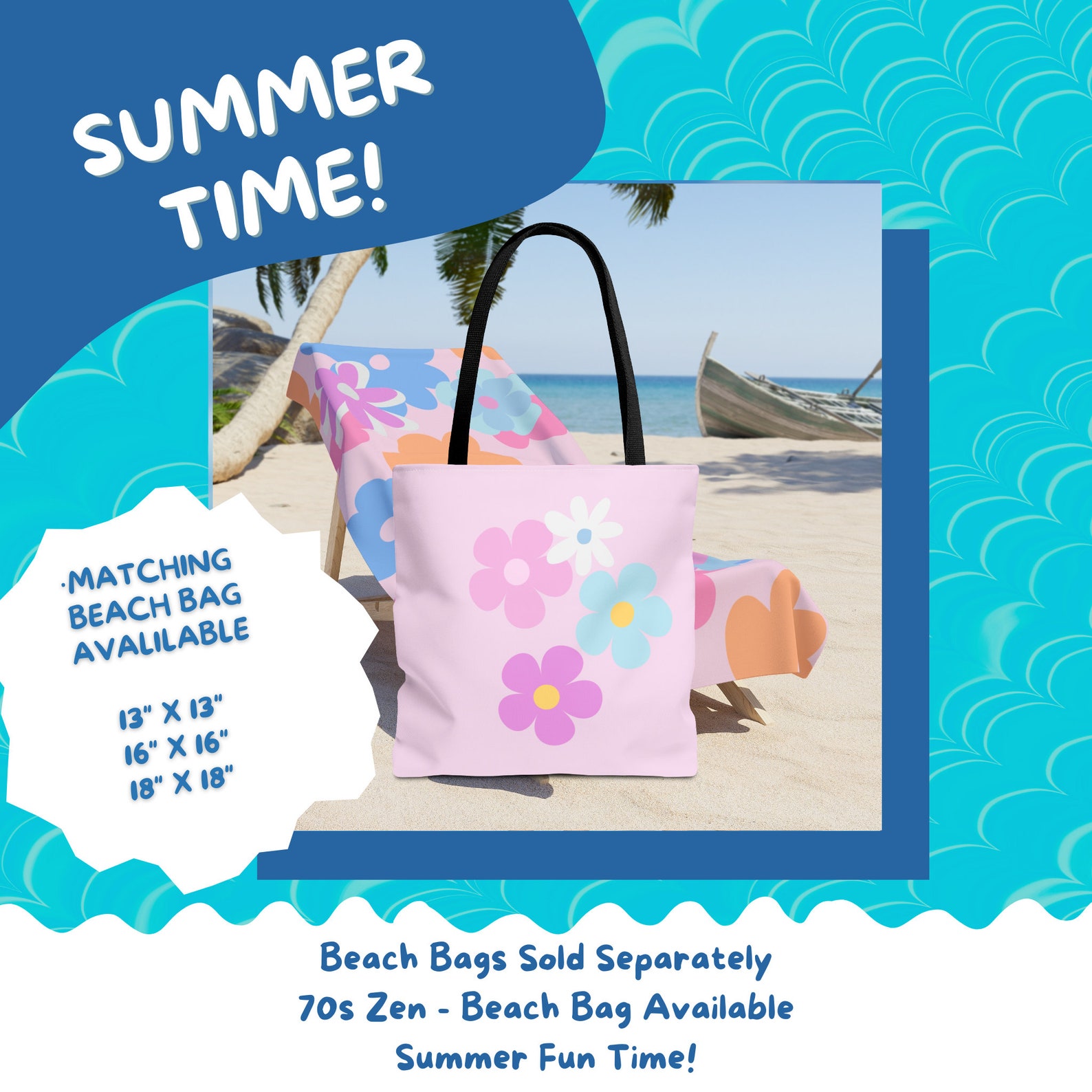 70s Floral Beach Tote Bag, Retro Zen Summer Carryall - Etsy