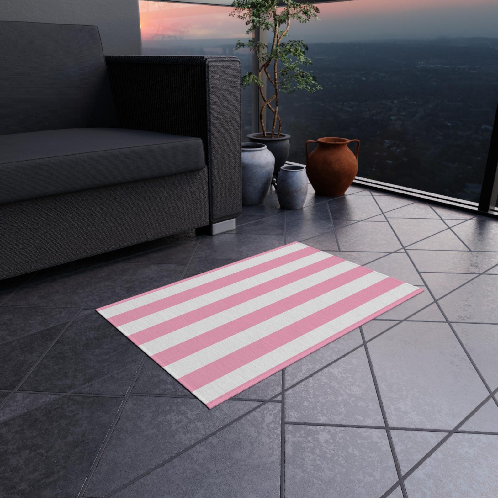 Stylish Pink Striped Outdoor Rug for Patios, Garden, Porch Decor ...
