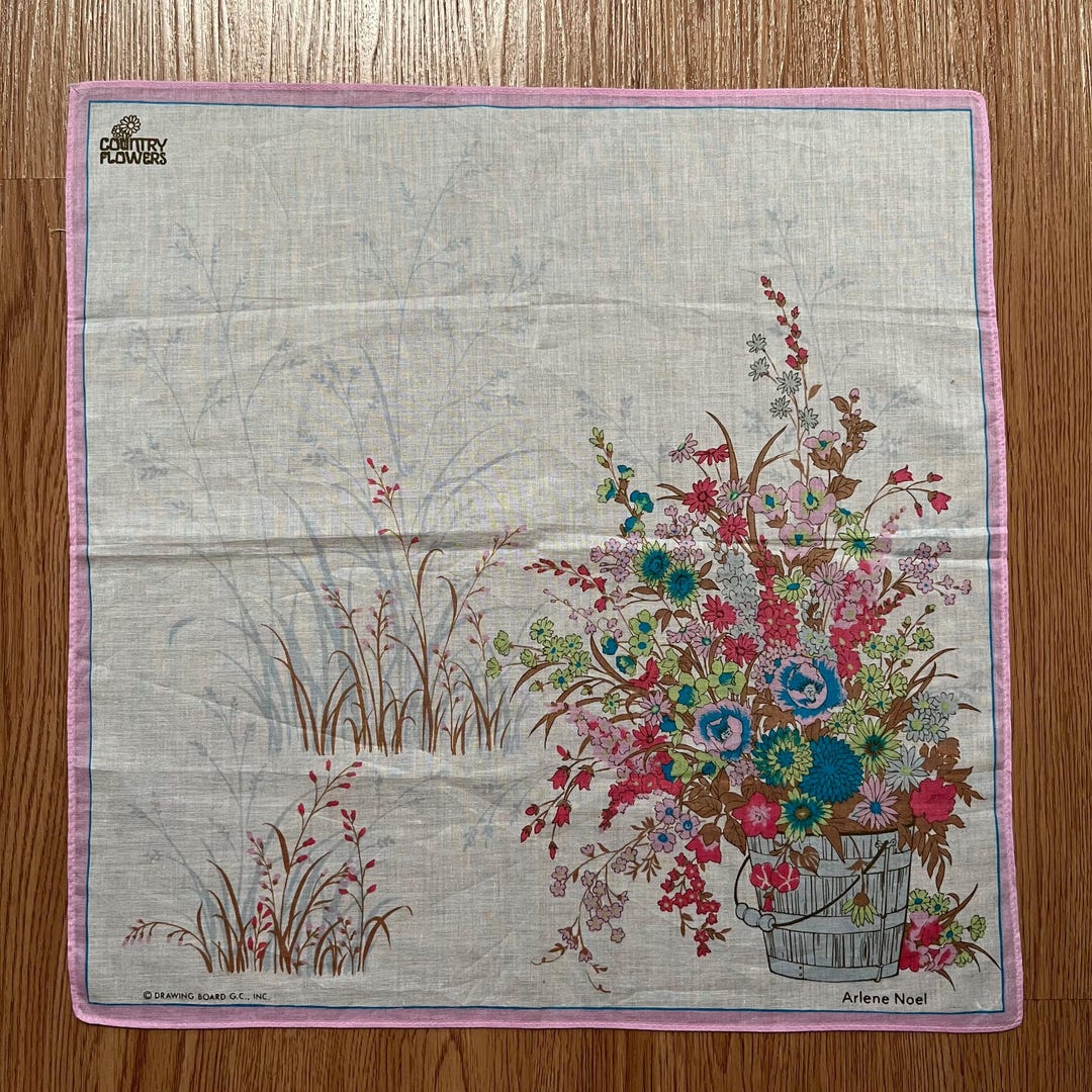 Vintage Arlene Noel Drawing Country Flower / Flora Art Handkerchief - Etsy