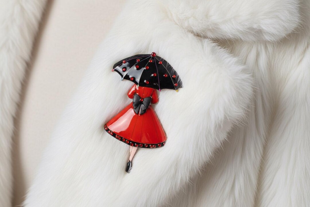 Recycled Tin Can Brooch: Lady in Red, Diamante Umbrella - Etsy