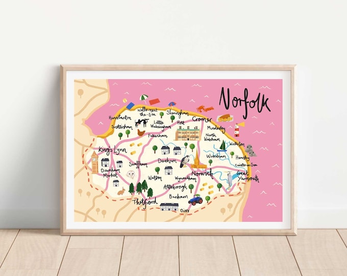 Illustrated Map of Norfolk, UK Print Map Art Print A6, A5, A4 or A3 ...