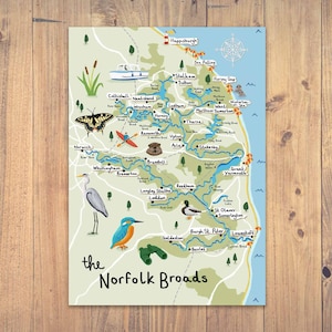 Norfolk Broads Illustrated Map Art Print Gift A5 A4 A3 - Etsy