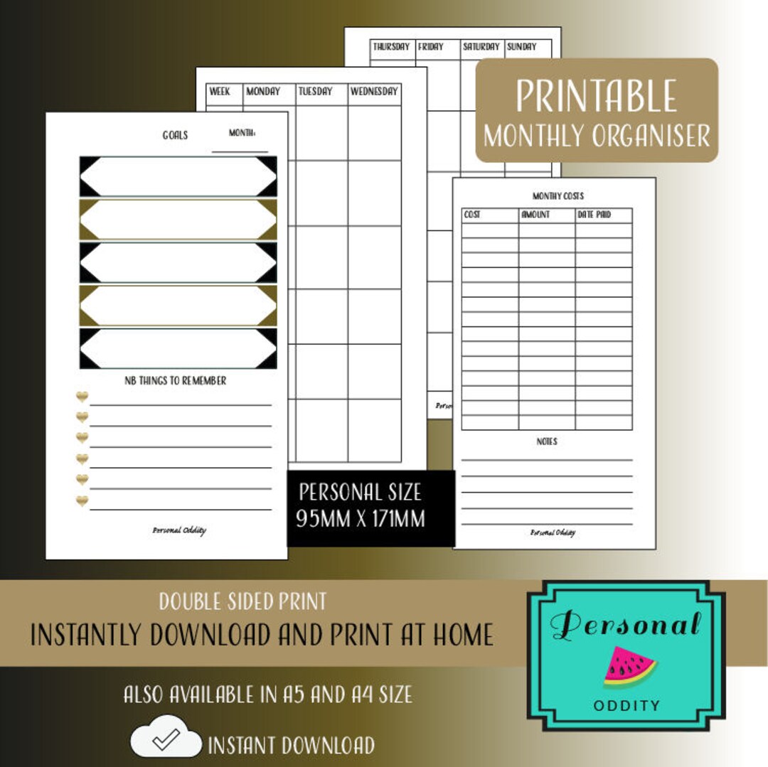 Personal Size Filofax Planner Inserts, Monthly CALENDAR, Dates Not ...