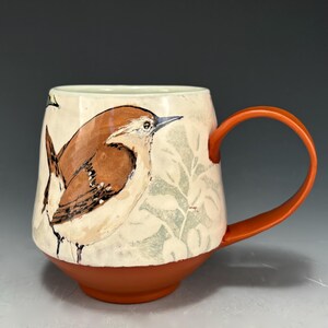 Handmade Bird Mugs, Handprinted Original Pottery , Carolina Wren ...