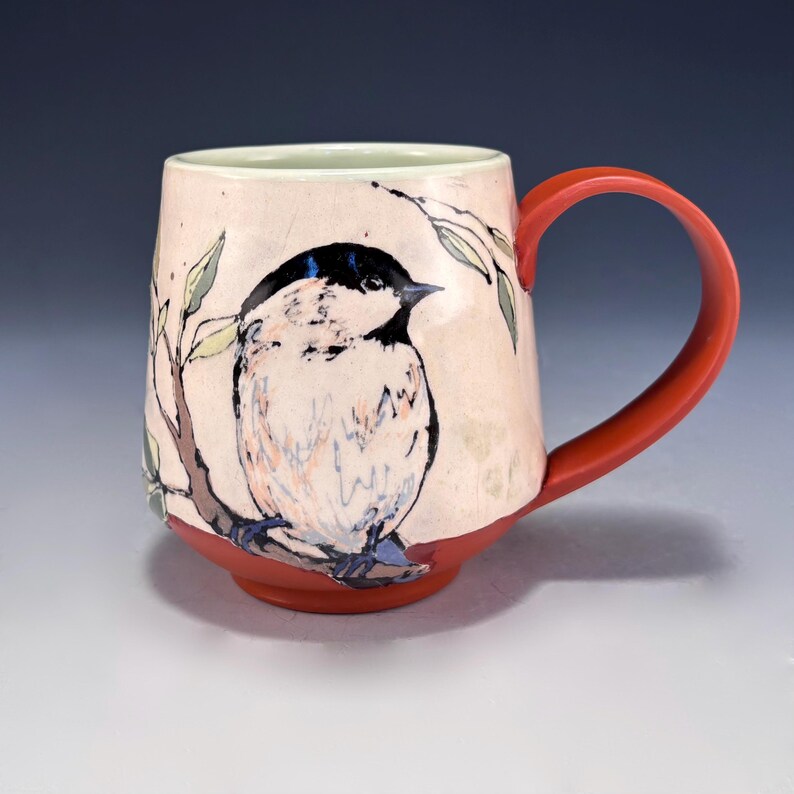 Handmade Bird Mugs, Handprinted Original Pottery , Black Cap Chickadee ...