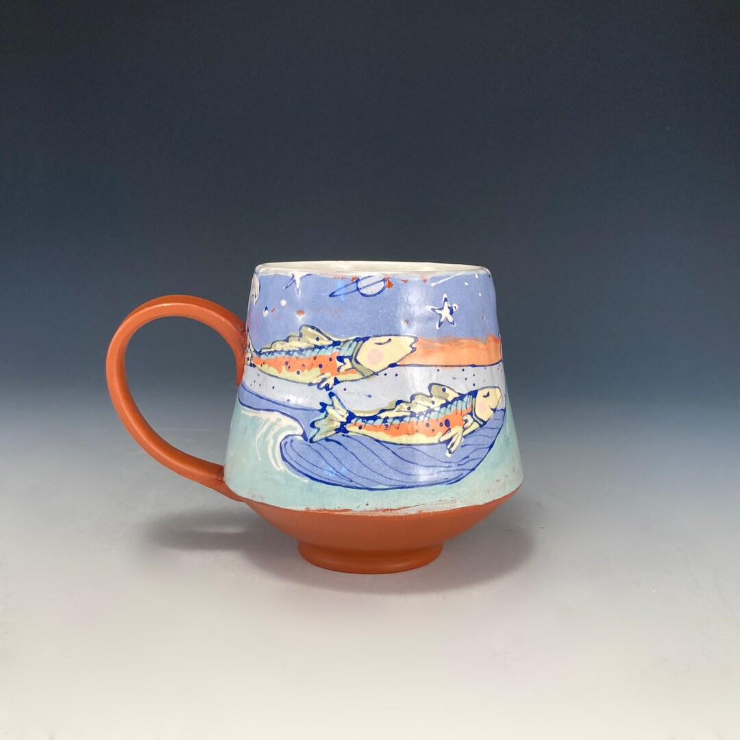 Handmade Fish Mugs, Handprinted Original Designs , Ceramic Cup Holds 12 ...