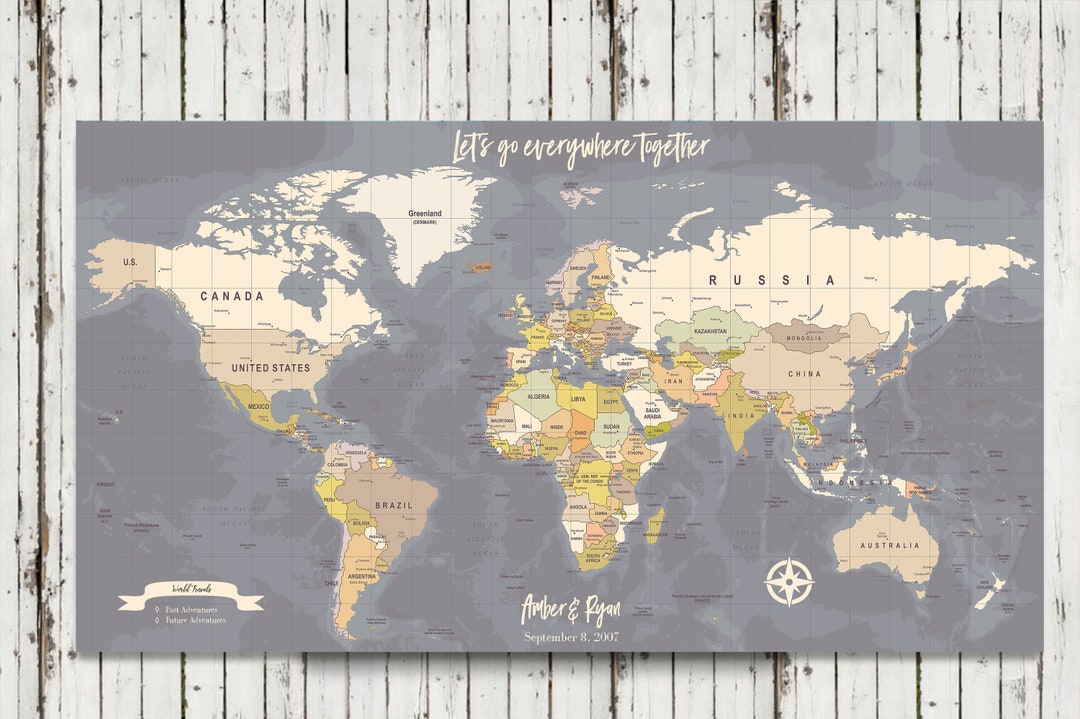 Personalized World Travel Map, Personalized Push Pin Map, Detailed ...