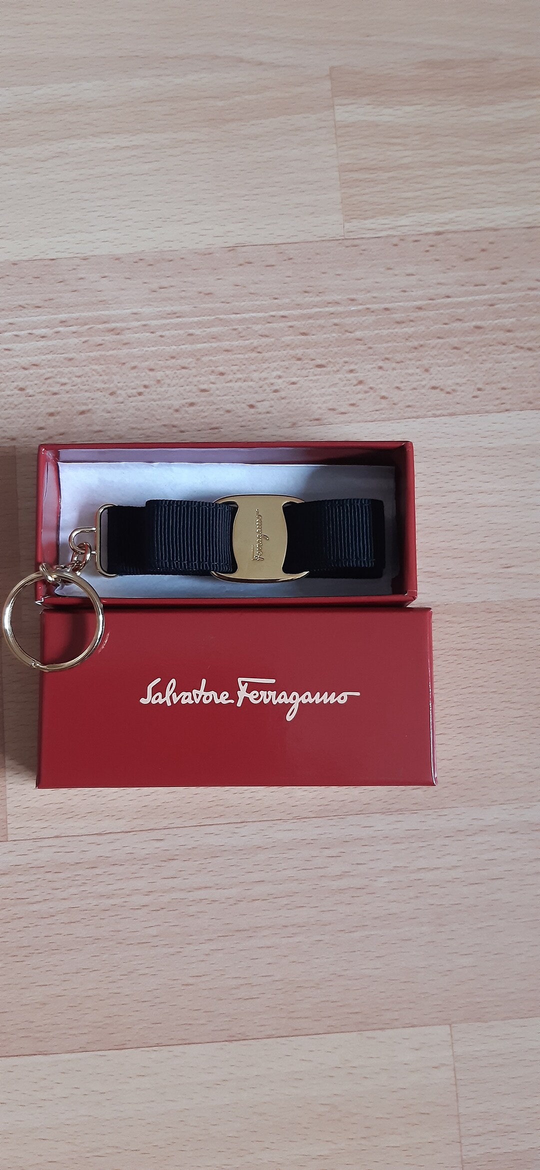 Salvatore Ferragamo Bow Key Ring Vara Chain Bag Charm Black Gold Tone ...