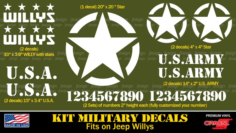 WW2 Set Vinyls Decals Military Restoration Kit USA Army Fits on Jeep JK ...