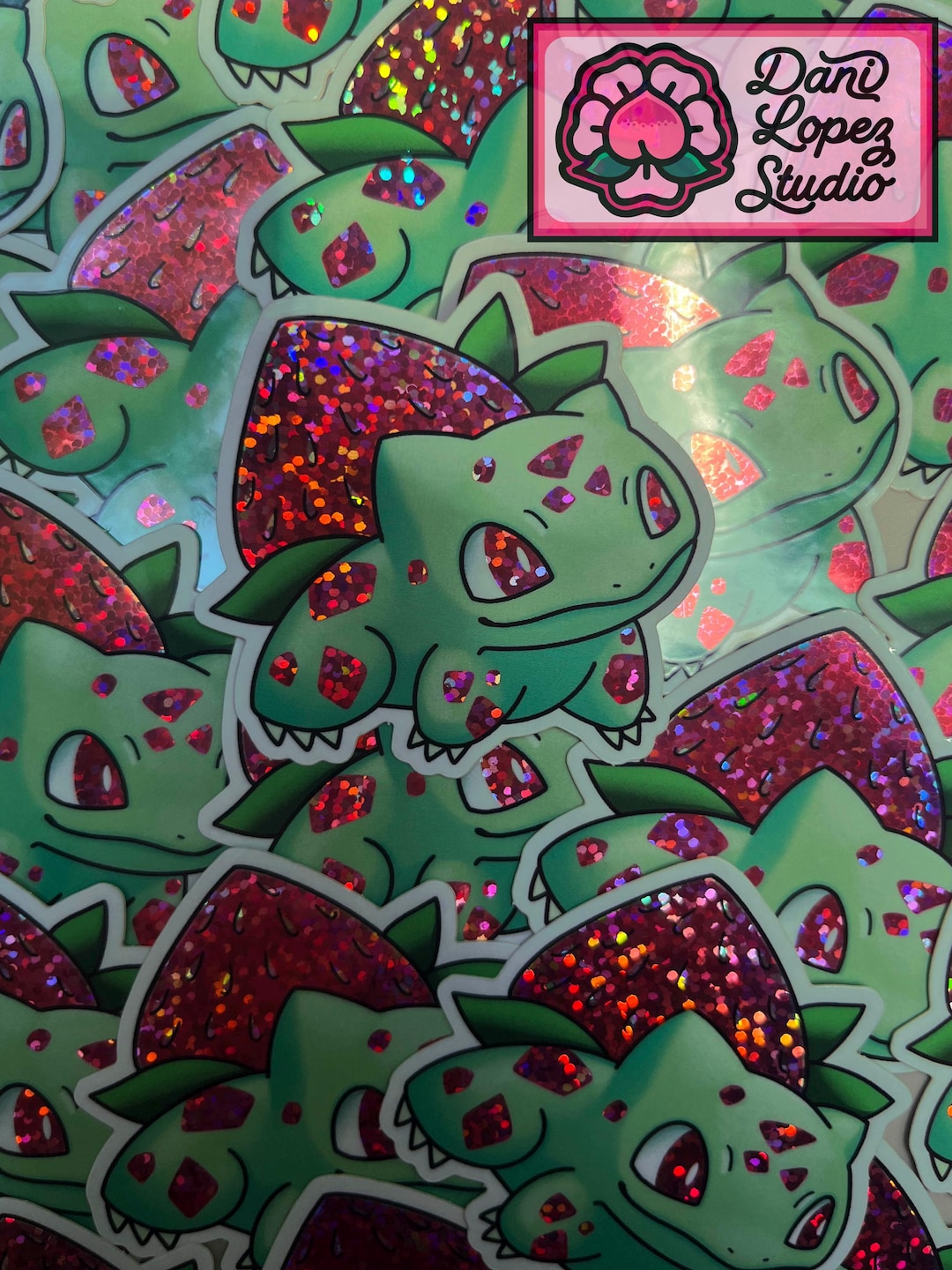 Strawberry Bulbasaur Pokemon Fan Art Pink Glitter Holographic Die Cut ...