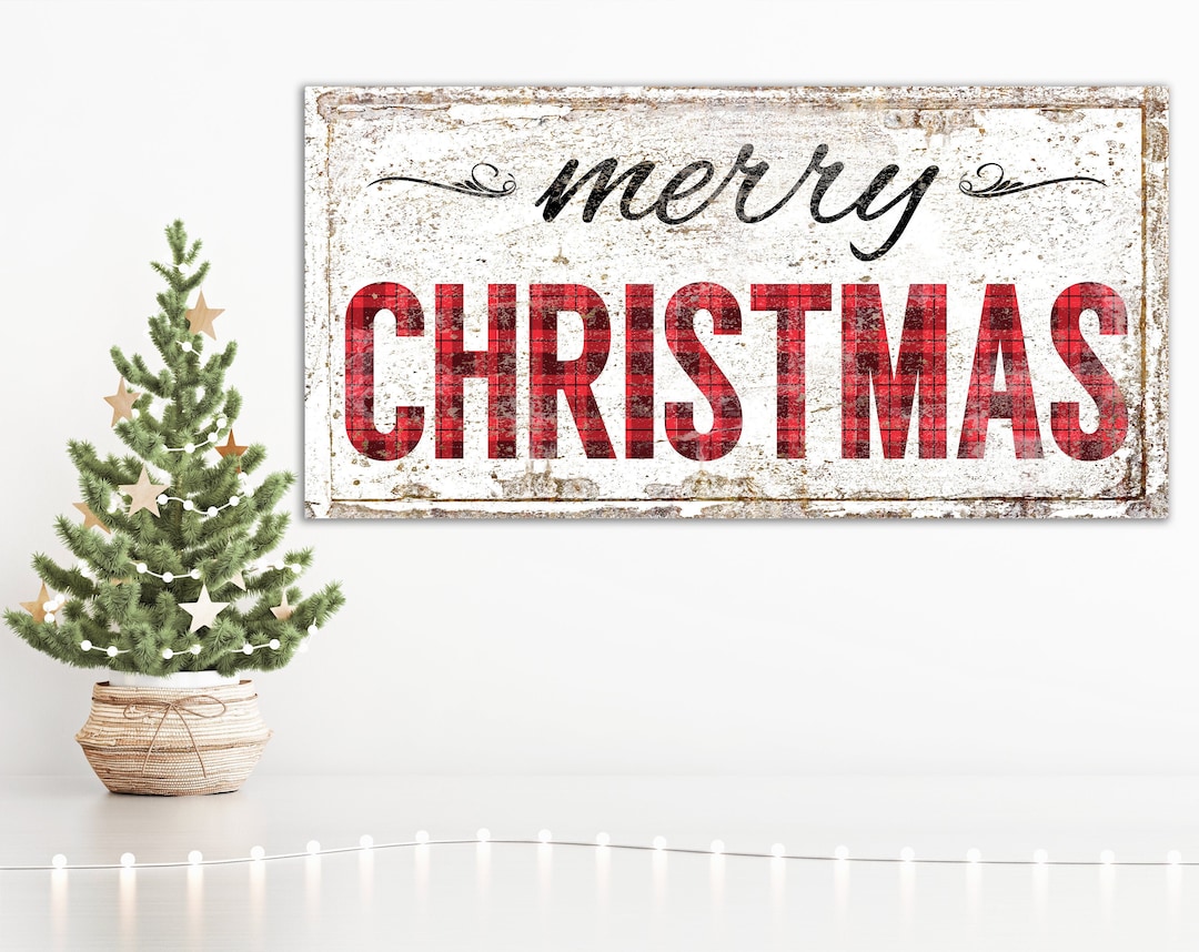Large Rustic Merry Christmas Wall Decor, Vintage Winter Decoration, Red ...