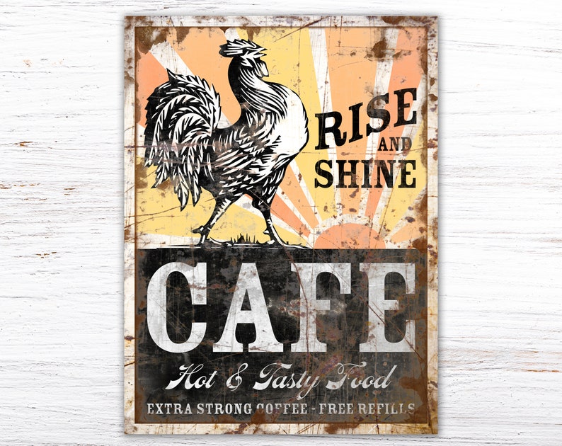 Rustic Rooster Rise & Shine Cafe Sign Farmhouse Wall Decor - Etsy