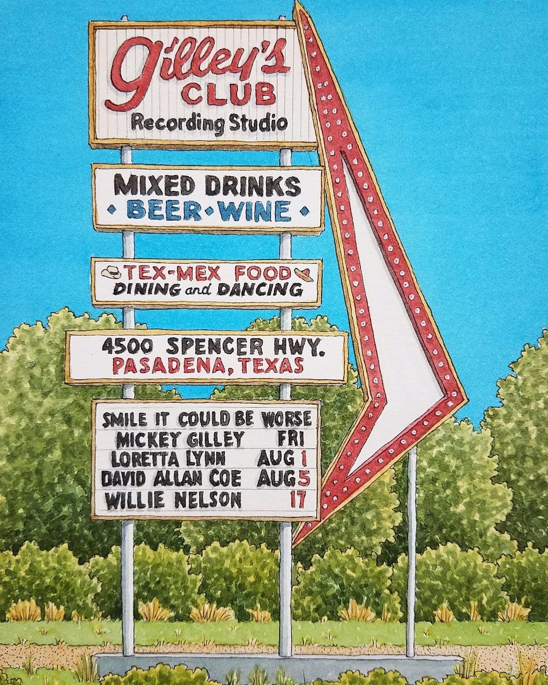 Gilley's. 5" X 7". Pasadena Texas. Watercolor Painting. Art Print ...