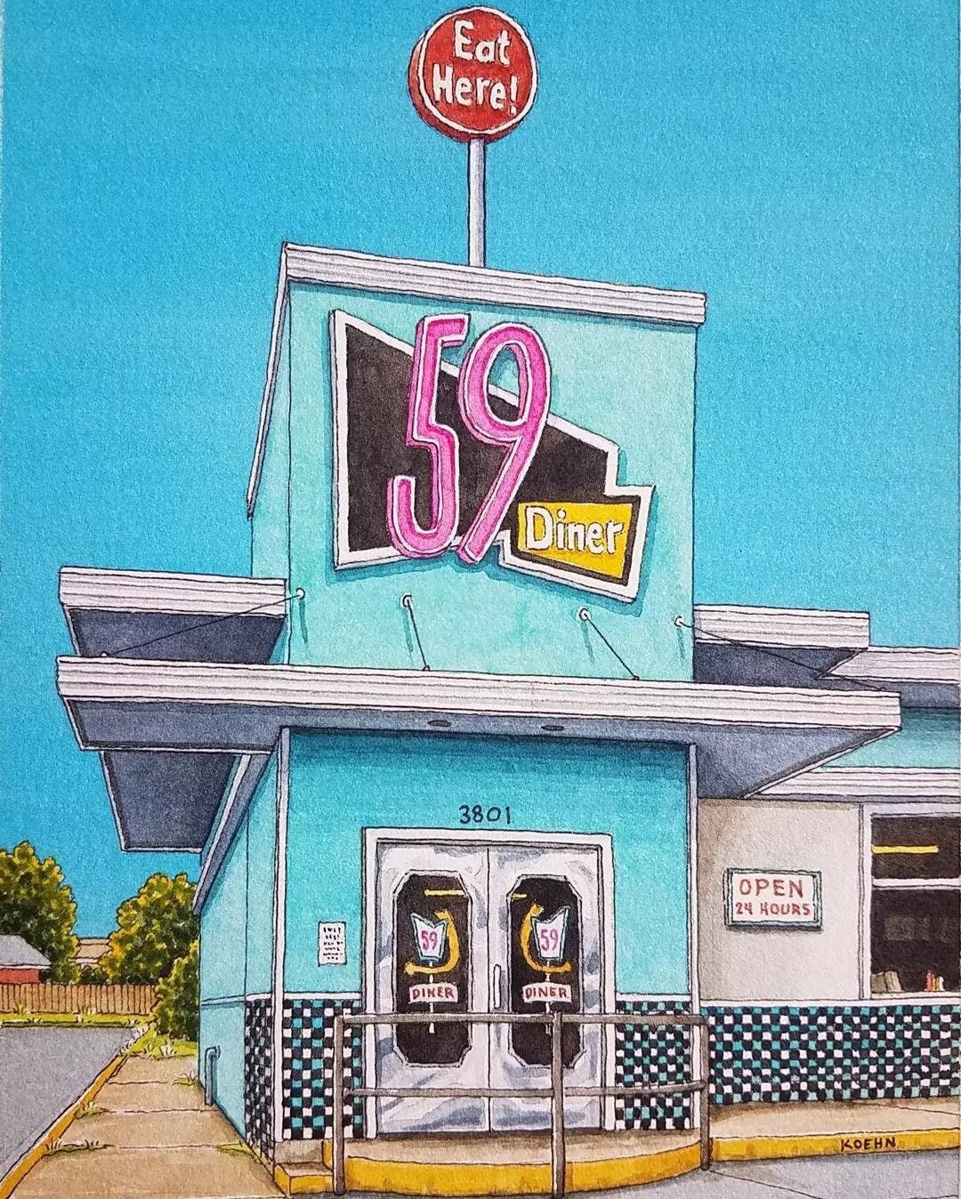 59 Diner. 5" X 7". Houston Texas. Watercolor Painting. Art Print. 24 ...