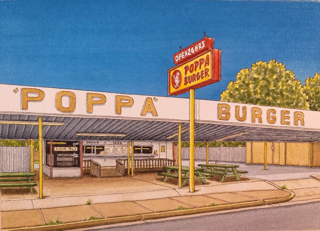 Poppa Burger. 5" X 7". Houston Texas. Watercolor Painting. Art Print ...