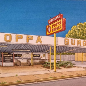 Poppa Burger. 5" X 7". Houston Texas. Watercolor Painting. Art Print ...