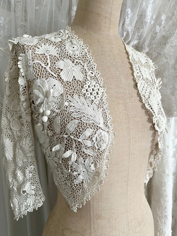 Rare Antique Irish Crochet Lace Cropped Shrug Jacket.… - Gem