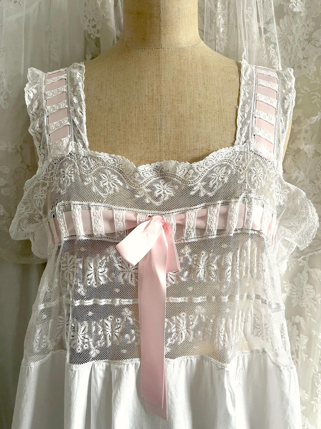 Antique Valenciennes Lace Pink Ribbon Nightdress - Etsy