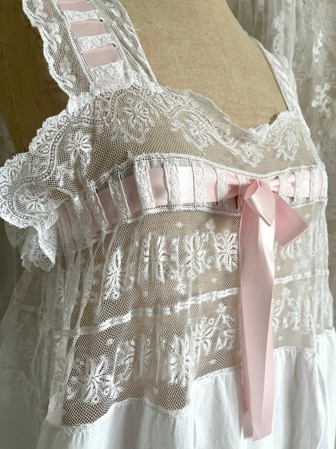 Antique Valenciennes Lace Pink Ribbon Nightdress - Etsy