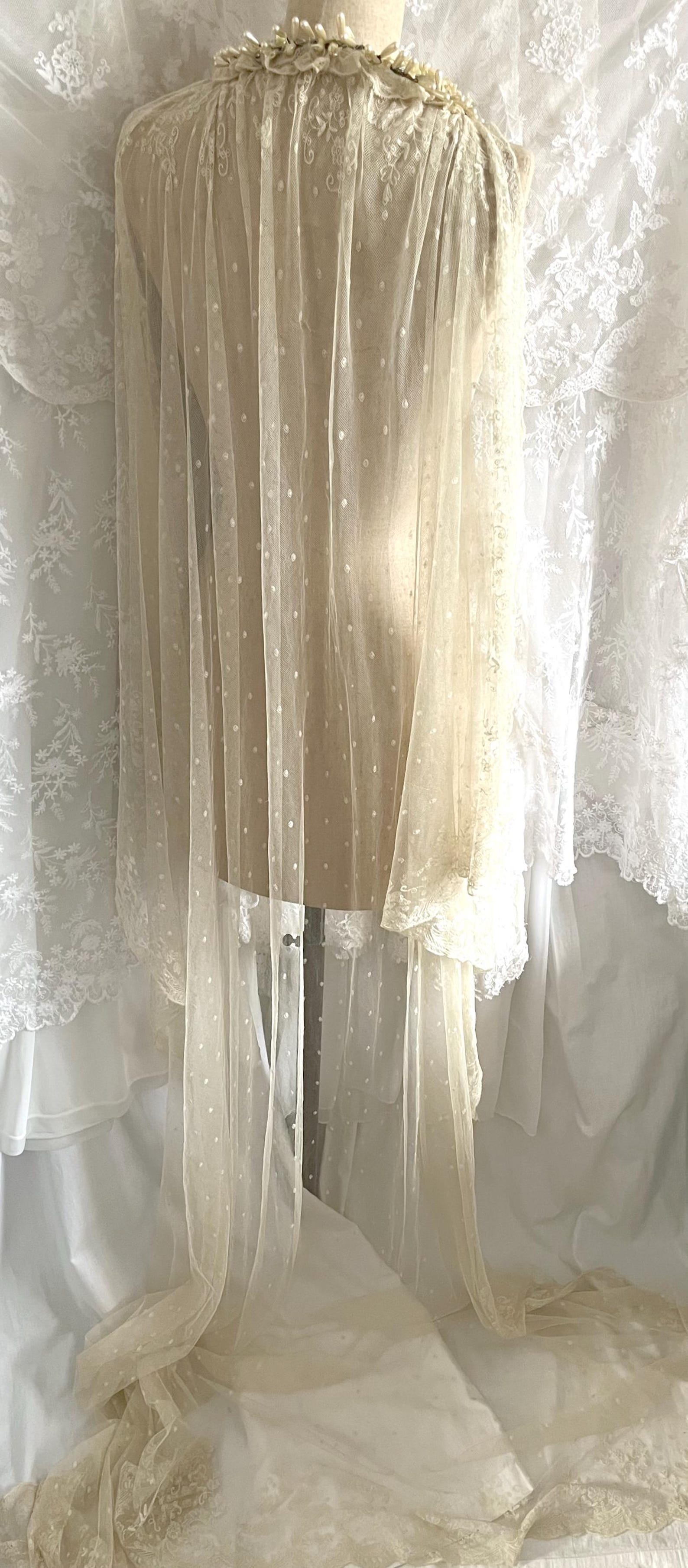 Antique Fine Tambour Lace Veil & Bridal Crown - Etsy