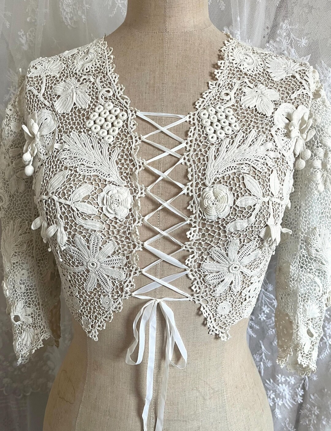 Rare Antique Irish Crochet Lace Cropped Shrug Jacket. Antique Wedding ...