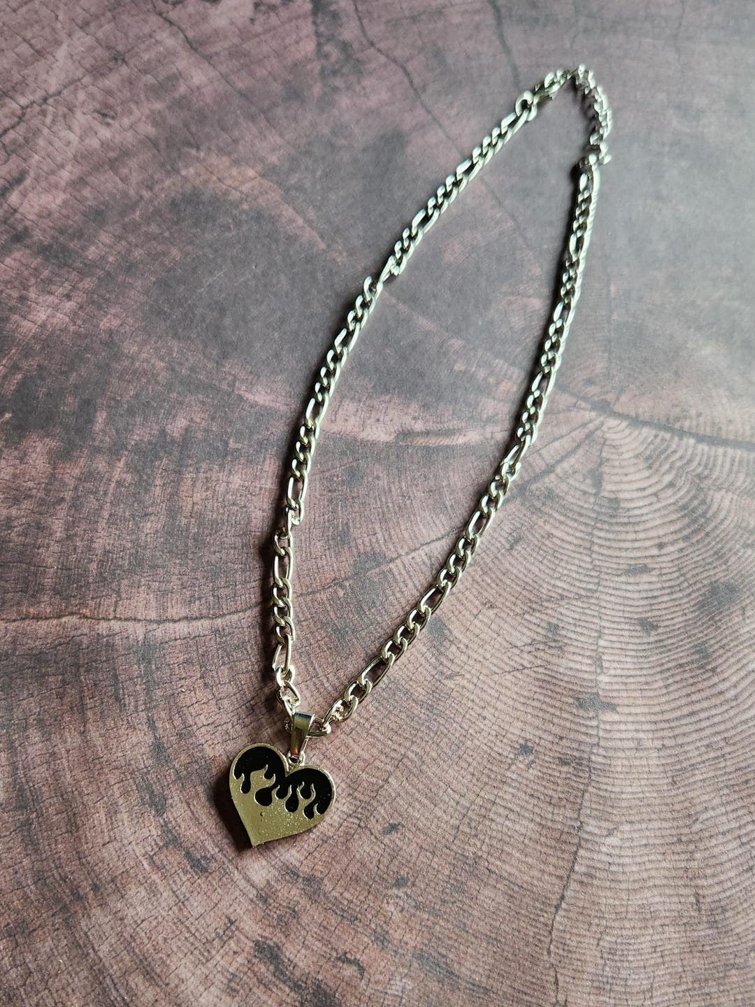 Retro Flame Heart Silver Chain Necklace Resale - Etsy